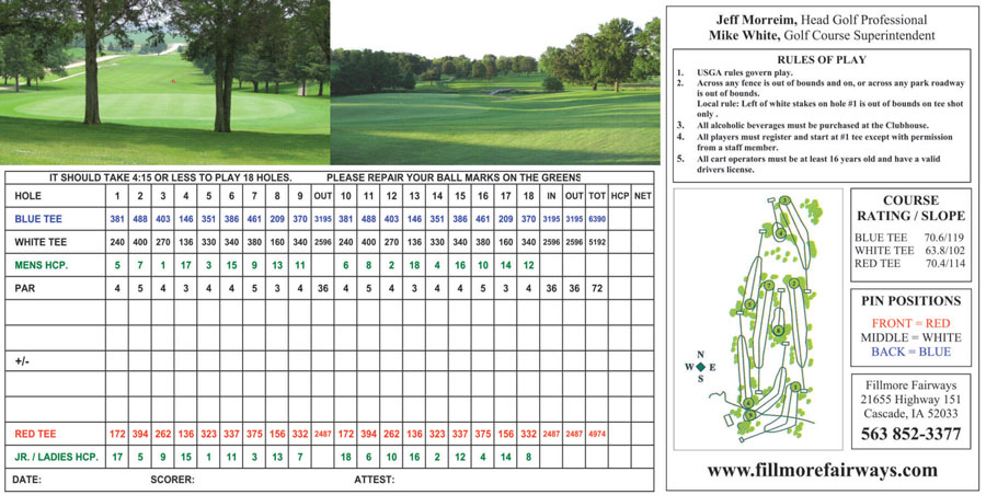 Scorecard - Fillmore Fairways Golf Course